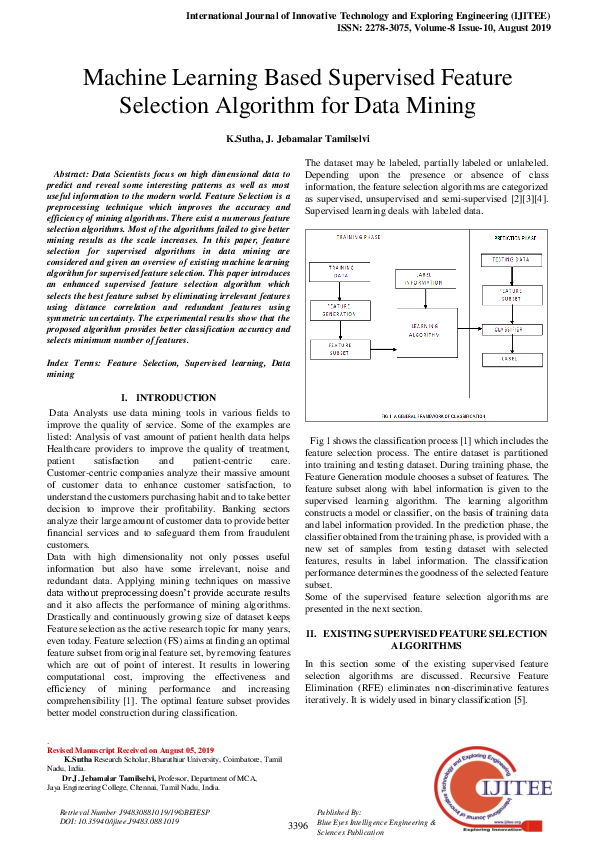 (PDF) Machine Learning Based Supervised Feature Selection Algorithm for ...
