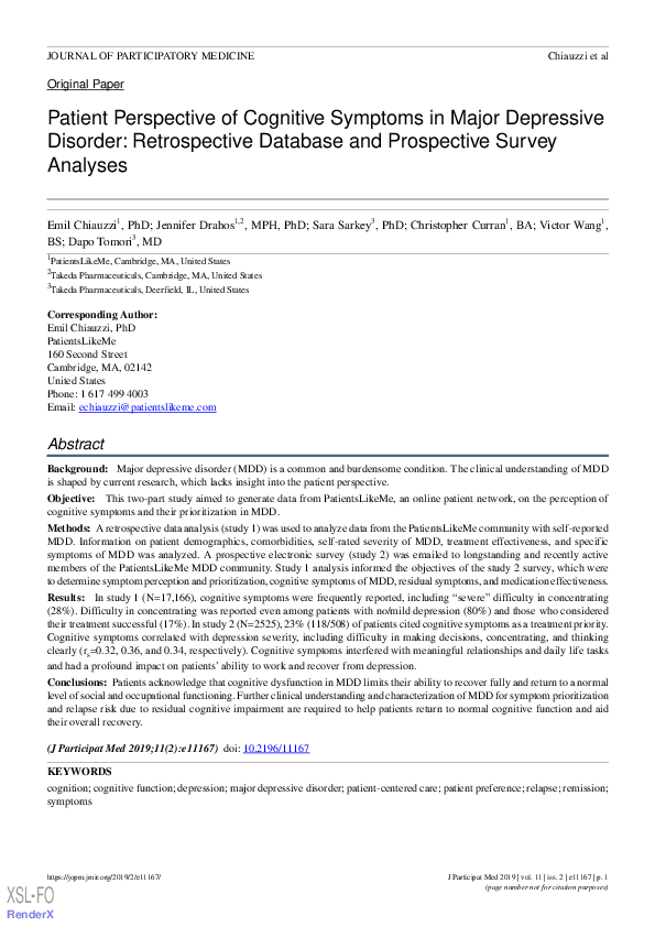 (PDF) Patient Perspective of Cognitive Symptoms in Major Depressive Disorder: Retrospective ...