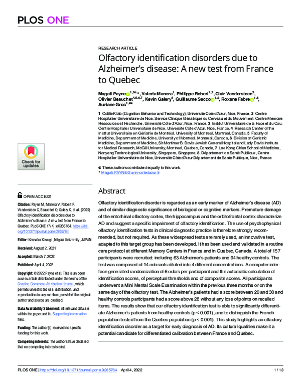(PDF) Olfactory identification disorders due to Alzheimer’s disease: A ...