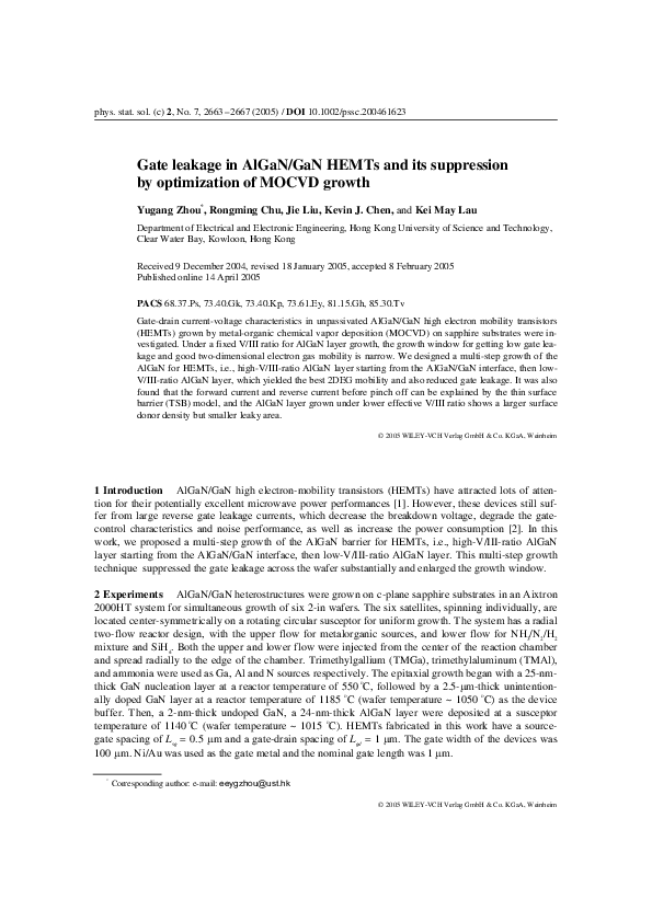 (PDF) Gate leakage in AlGaN/GaN HEMTs and its suppression by optimization of MOCVD growth ...