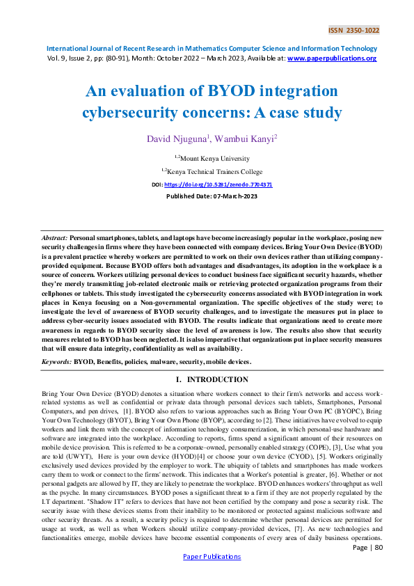(PDF) An evaluation of BYOD integration cybersecurity concerns: A case study