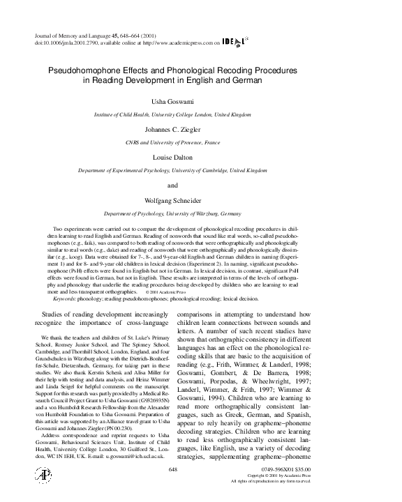 (PDF) Pseudohomophone Effects and Phonological Recoding Procedures in ...