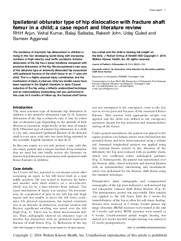 (PDF) Ipsilateral obturator type of hip dislocation with fracture shaft ...