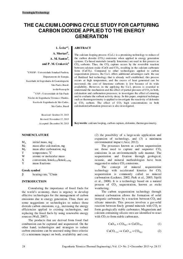 (PDF) The Calcium Looping Cycle Study for Capturing Carbon Dioxide Applied to the Energy Generation