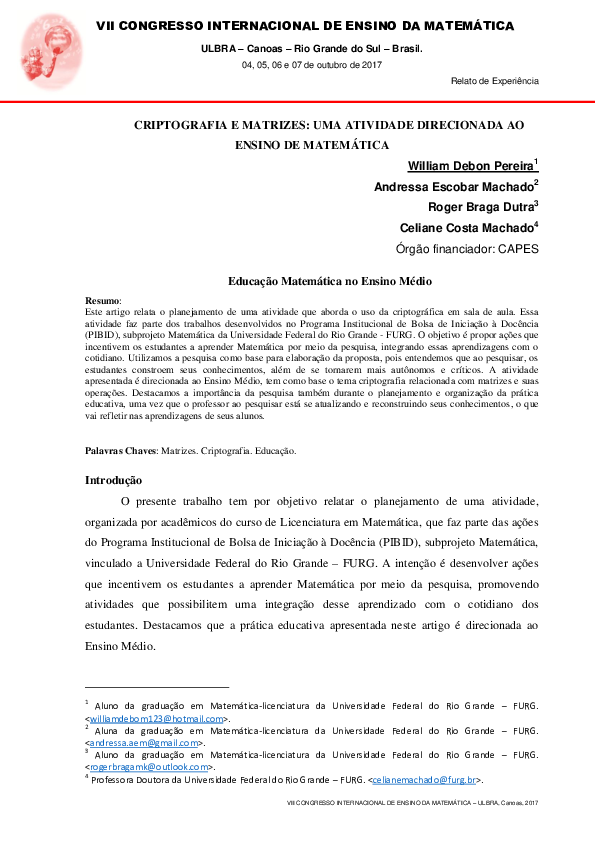 (PDF) Criptografia e Matrizes: Uma Atividade Direcionada Ao Ensino De Matemática