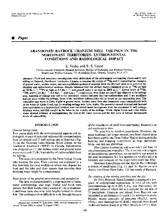 (PDF) Abandoned Rayrock Uranium Mill Tailings in the Northwest Territories