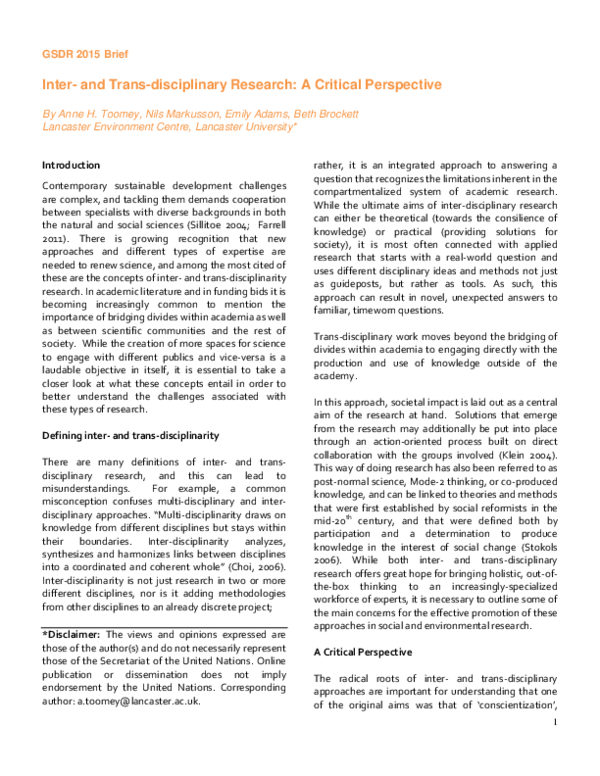 (PDF) Inter-and Transdisciplinary Research : A Critical Perspective