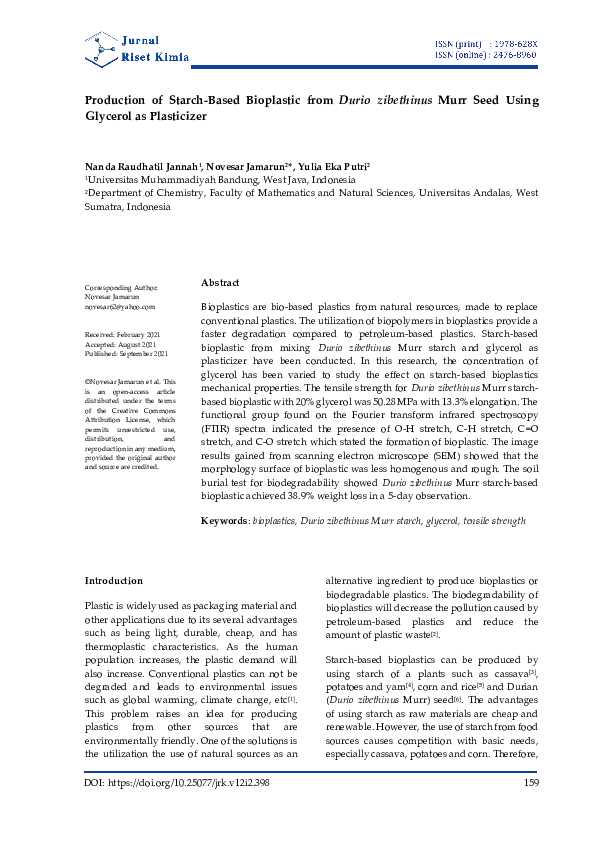 (PDF) Production of Starch-Based Bioplastic from Durio zibethinus Murr ...