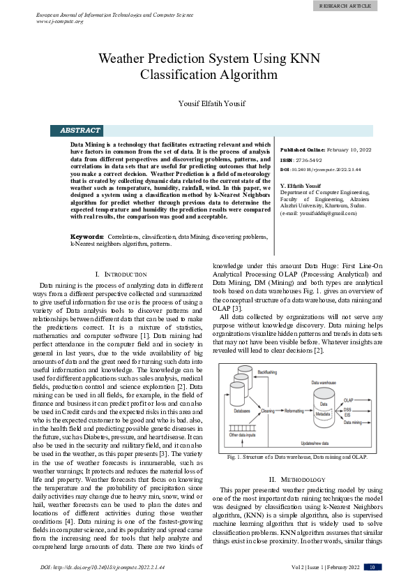 Pdf Weather Prediction System Using Knn Classification Algorithm 6729