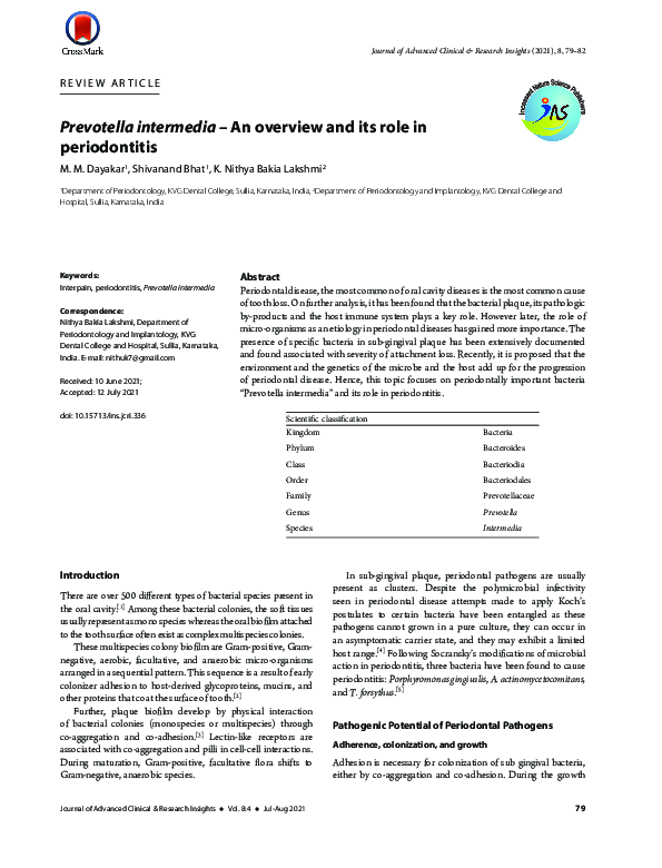 (PDF) Prevotella intermedia - An overview and its role in periodontitis