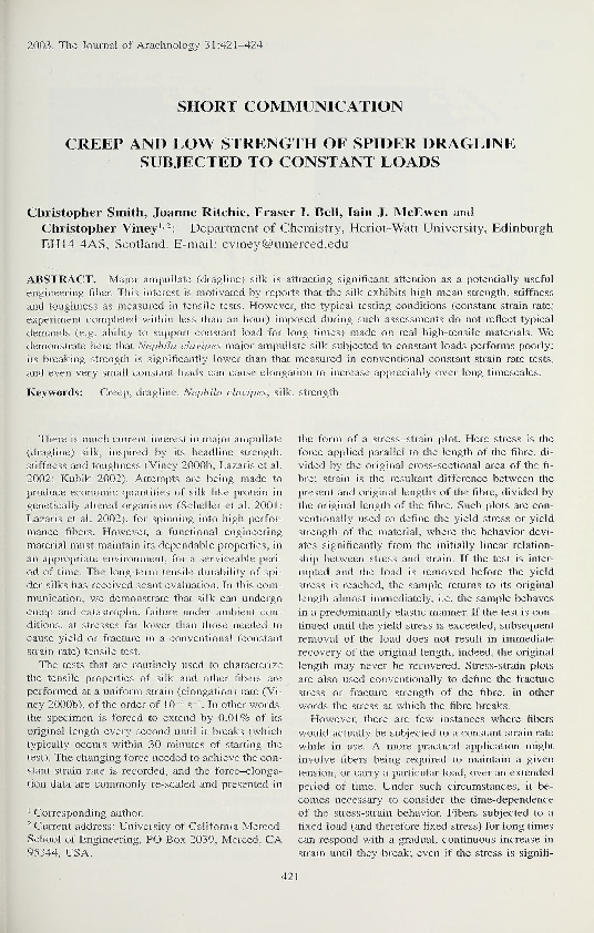 (PDF) Creep and Low Strength of Spider Dragline Subjected to Constant Loads