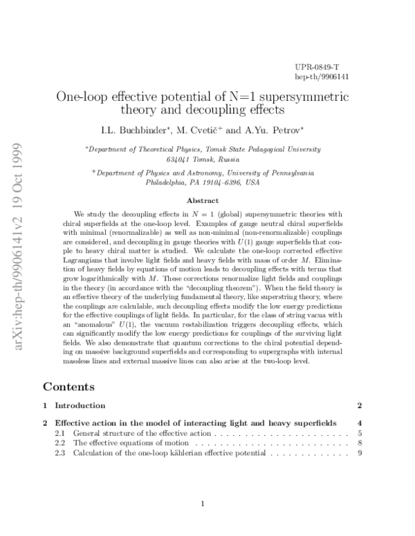 (PDF) One-loop effective potential of N=1 supersymmetric theory and decoupling effects