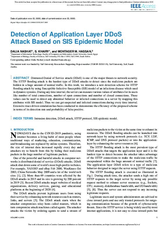 (PDF) Detection of Application Layer DDoS Attack Based on SIS Epidemic Model