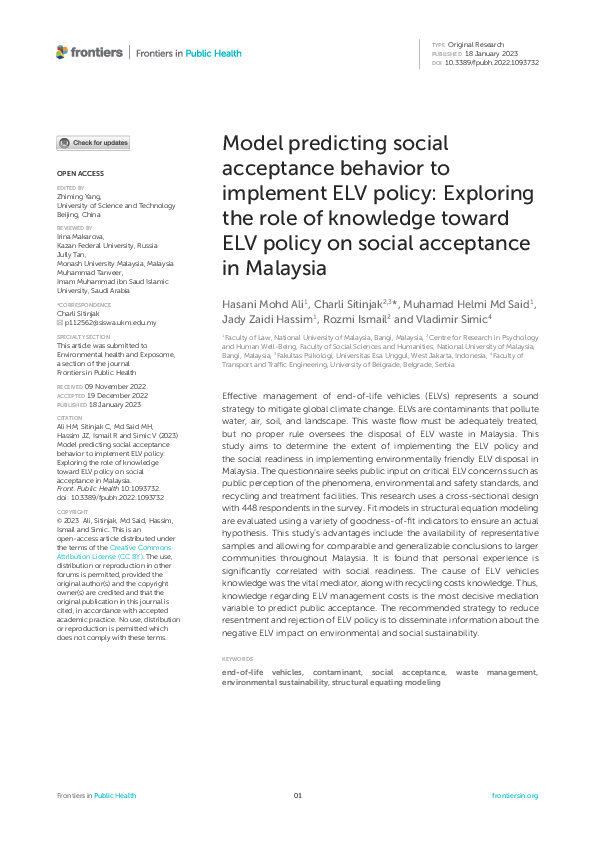 (PDF) Model predicting social acceptance behavior to implement ELV policy: Exploring the role of ...