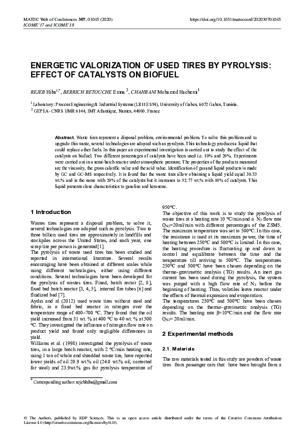 (PDF) Energetic valorization of used tires by pyrolysis: effect of ...
