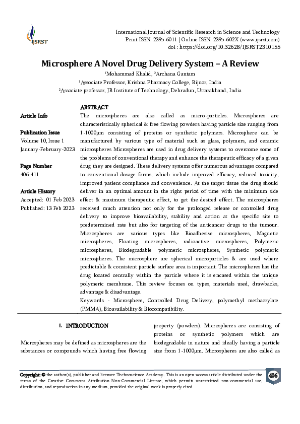 (PDF) Microsphere A Novel Drug Delivery System – A Review ...