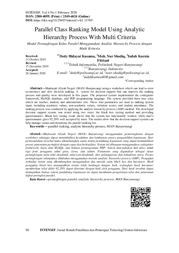 (PDF) Parallel Class Ranking Model Using Analytic Hierarchy Process With Multi Criteria