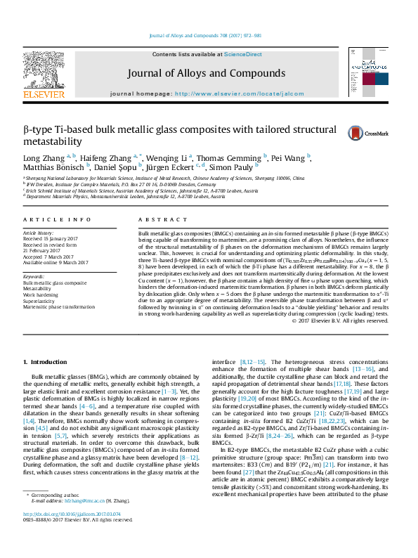 (PDF) β-type Ti-based bulk metallic glass composites with tailored ...