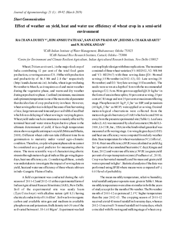 (PDF) Effect of weather on yield, heat and water use efficiency of wheat crop in a semi-arid ...