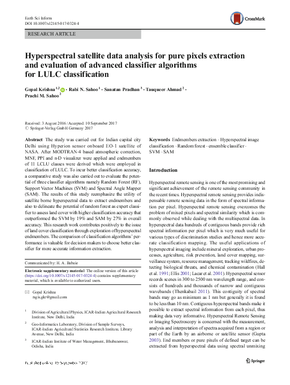 Pdf Hyperspectral Satellite Data Analysis For Pure Pixels Extraction