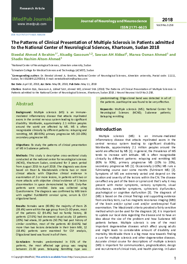 (PDF) The Patterns of Clinical Presentation of Multiple Sclerosis in Patients Admitted to the ...
