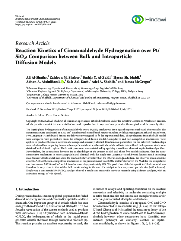 (PDF) Reaction Kinetics of Cinnamaldehyde Hydrogenation over Pt/ SiO 2 ...