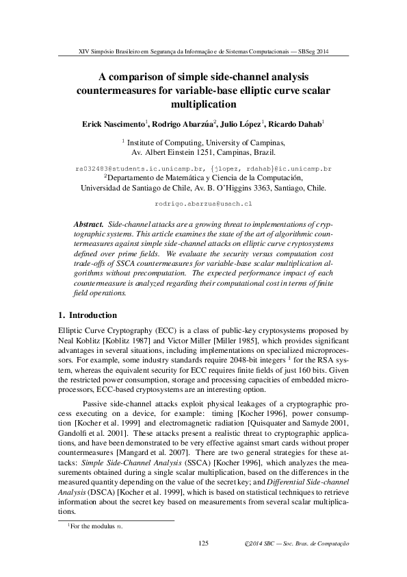 (PDF) A comparison of simple side-channel analysis countermeasures for variable-base elliptic ...