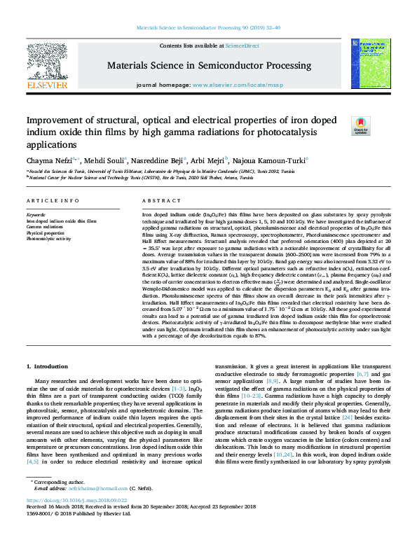 (PDF) Improvement of structural, optical and electrical properties of iron doped indium oxide ...