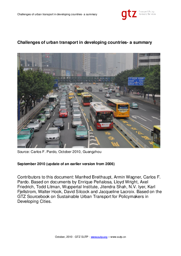 (PDF) Challenges of urban transport in developing countries-a summary