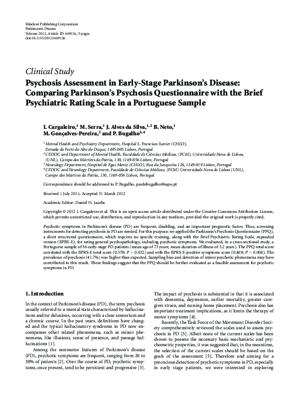 (PDF) Psychosis assessment in early-stage Parkinson's disease ...