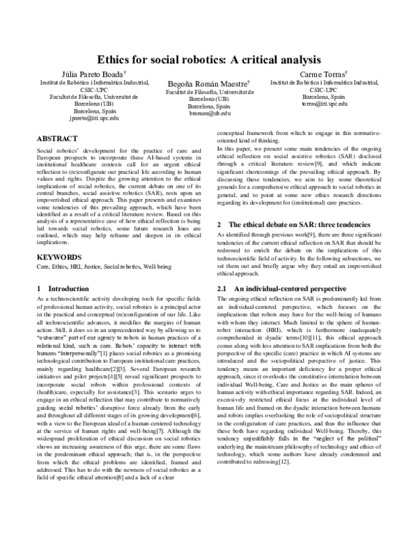 (PDF) Ethics for social robotics: A critical analysis