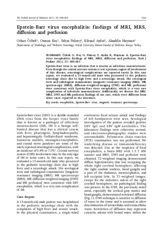 (PDF) Epstein-Barr virus encephalitis: findings of MRI, MRS, diffusion ...