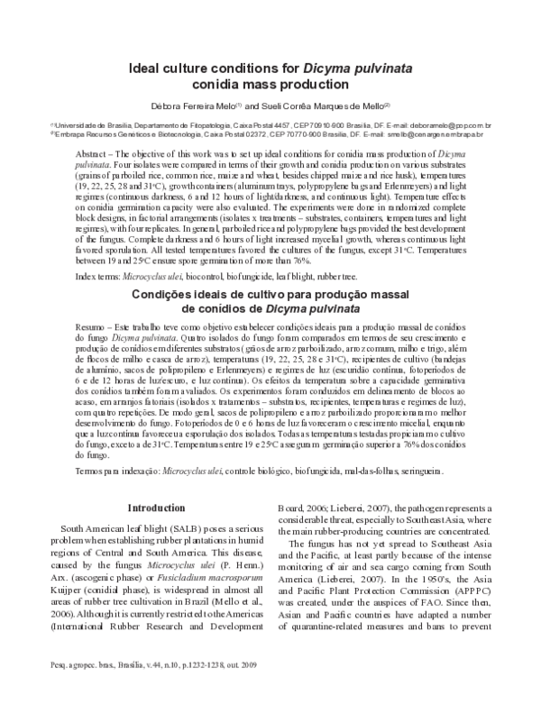 (PDF) Ideal culture conditions for Dicyma pulvinata conidia mass production