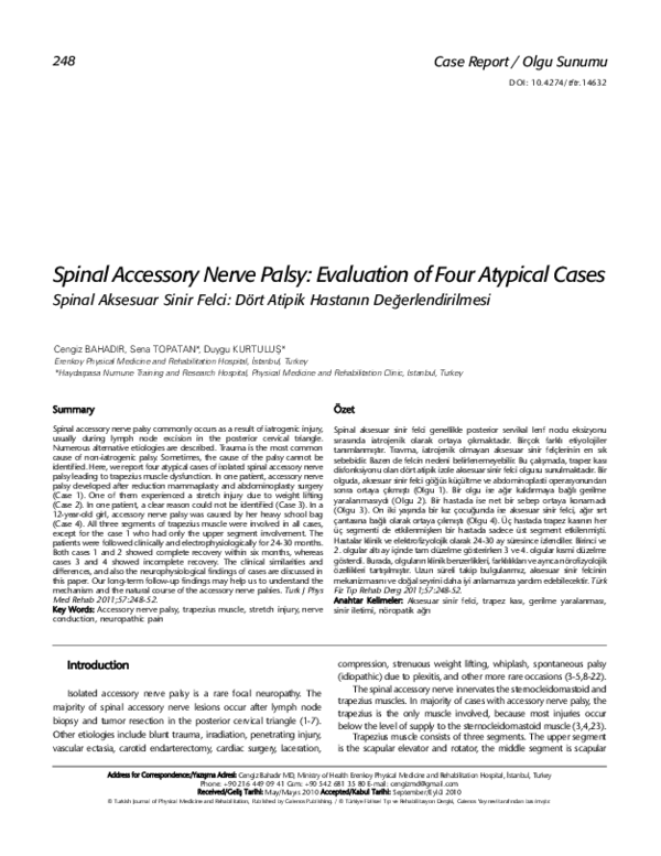 (PDF) Spinal Accessory Nerve Palsy: Evaluation of Four Atypical Cases