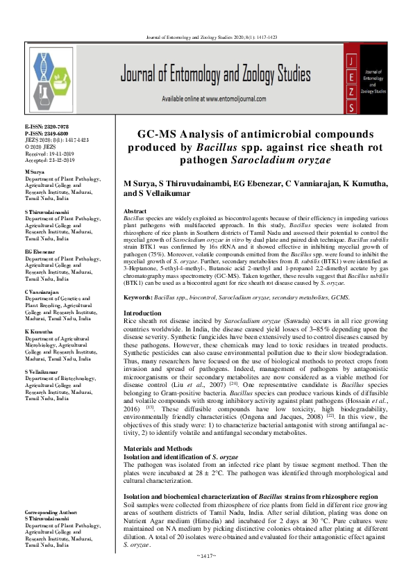 Pdf Gc Ms Analysis Of Antimicrobial Compounds Produced By Bacillus