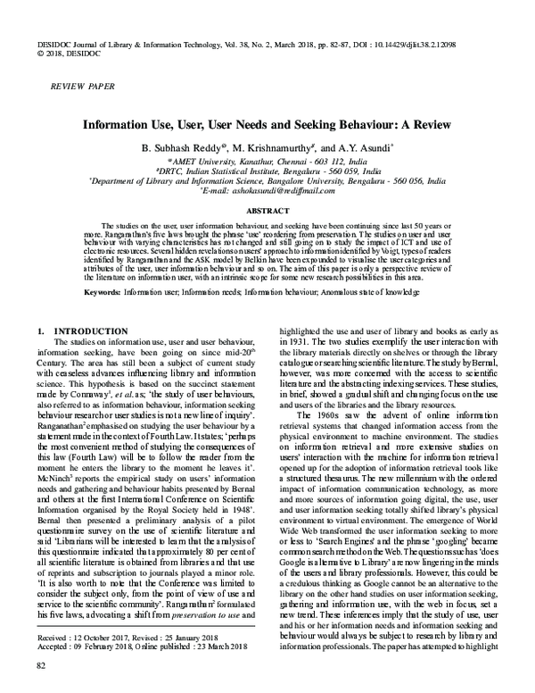 (PDF) Information Use, User, User Needs and Seeking Behaviour: A Review