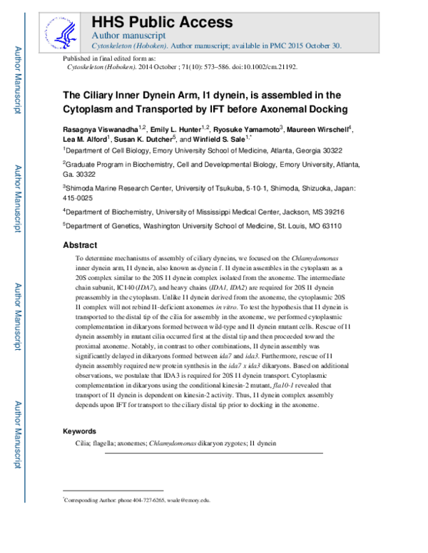 (PDF) The ciliary inner dynein arm, I1 dynein, is assembled in the ...