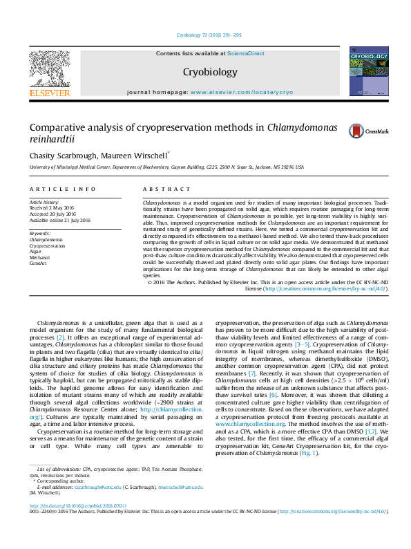 (PDF) Comparative analysis of cryopreservation methods in Chlamydomonas reinhardtii
