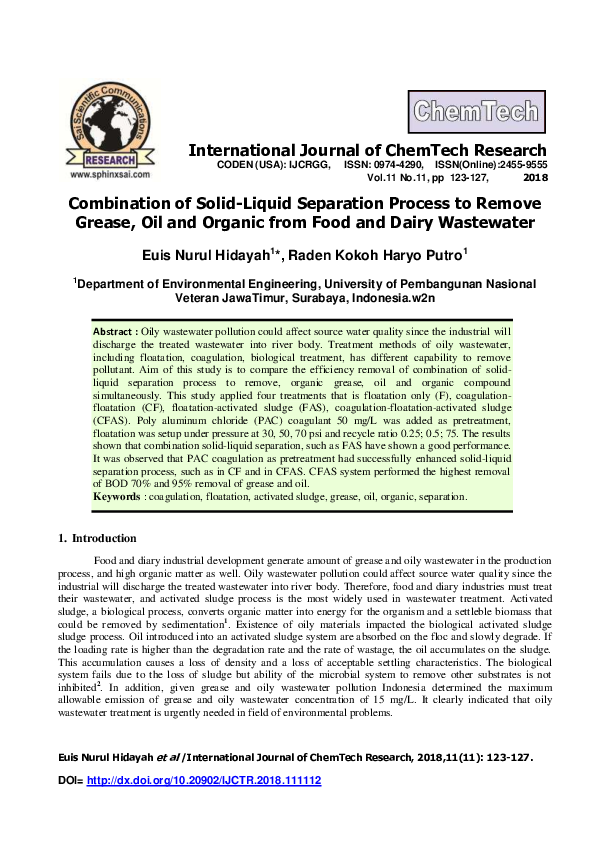 (PDF) Combination of Solid-Liquid Separation Process to Remove Grease, Oil and Organic from Food ...