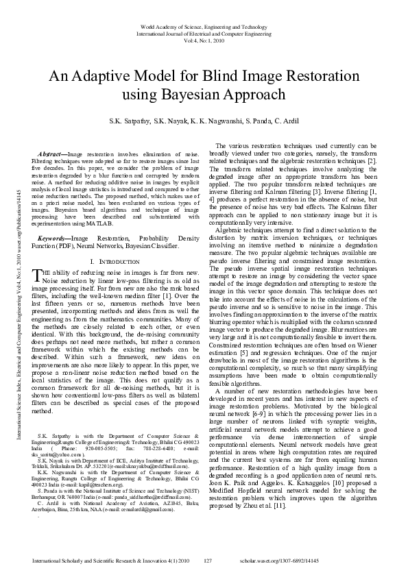 Pdf An Adaptive Model For Blind Image Restoration Using Bayesian