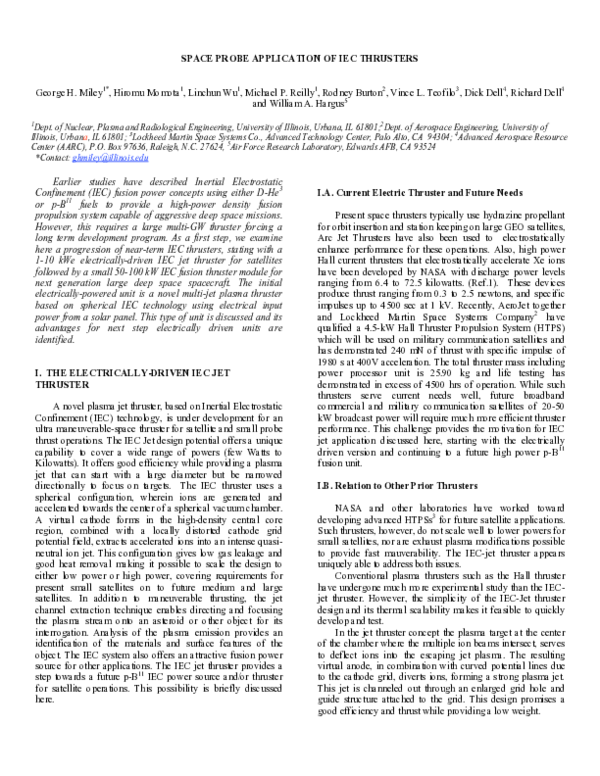 (PDF) Space Probe Application of IEC Thrusters