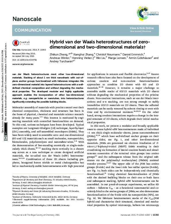 (PDF) Hybrid van der Waals heterostructures of zero-dimensional and two ...