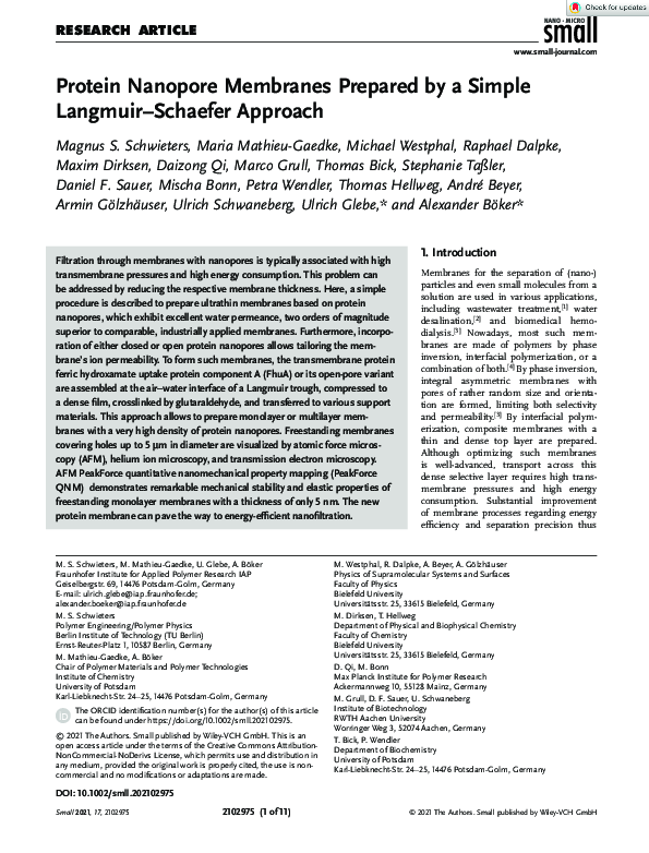Pdf Protein Nanopore Membranes Prepared By A Simple Langmuir Schaefer