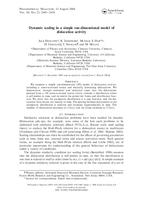 (PDF) Dynamic scaling in a simple one-dimensional model of dislocation activity