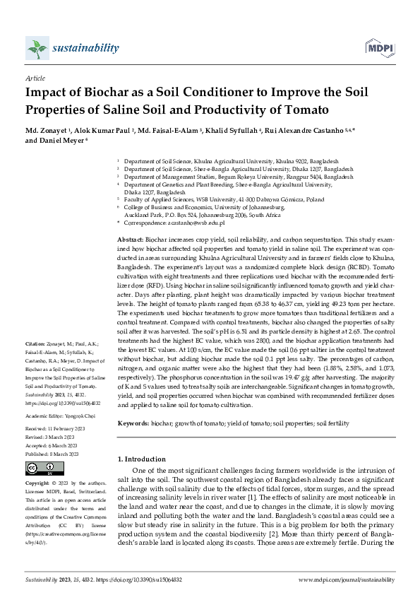 (PDF) Impact of Biochar as a Soil Conditioner to Improve the Soil Properties of Saline Soil and ...