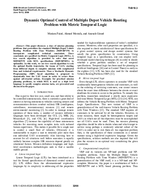 Pdf Dynamic Optimal Control Of Multiple Depot Vehicle Routing Problem With Metric Temporal Logic