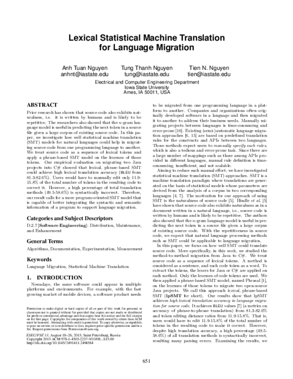 Pdf Lexical Statistical Machine Translation For Language Migration
