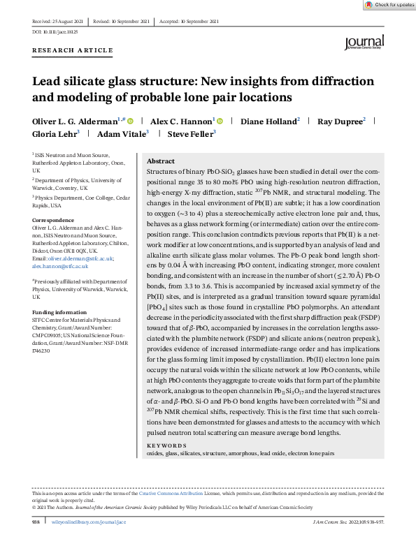 (PDF) Lead silicate glass structure: New insights from diffraction and ...