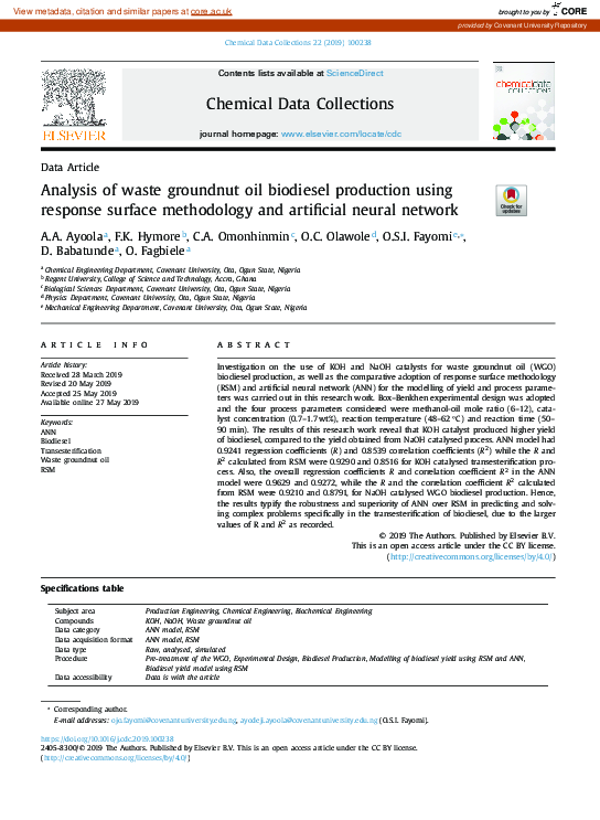 (PDF) Analysis of waste groundnut oil biodiesel production using response surface methodology ...