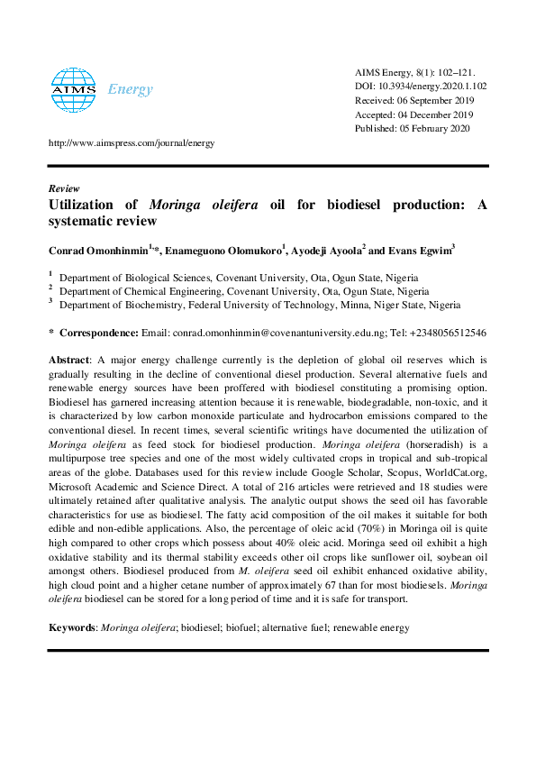 (PDF) Utilization of Moringa oleifera oil for biodiesel production: A systematic review